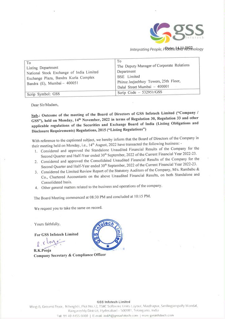 Outcome of Board Meeting - GSS Infotech Limited